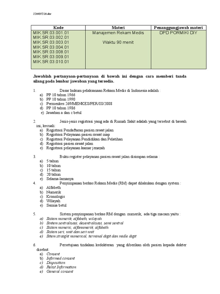 Soal Ukom 2013 (Manajemen RM) 2 | PDF