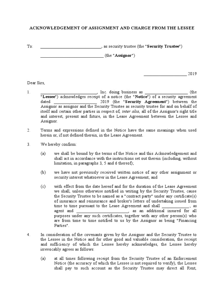 Acknowledgement of Assignment and Charge From The Lessee | PDF ...