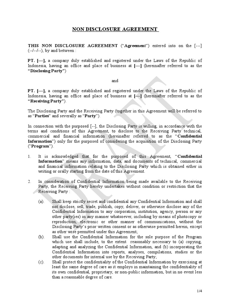 Draft Non Disclosure Agreement | PDF | Confidentiality | Non Disclosure ...