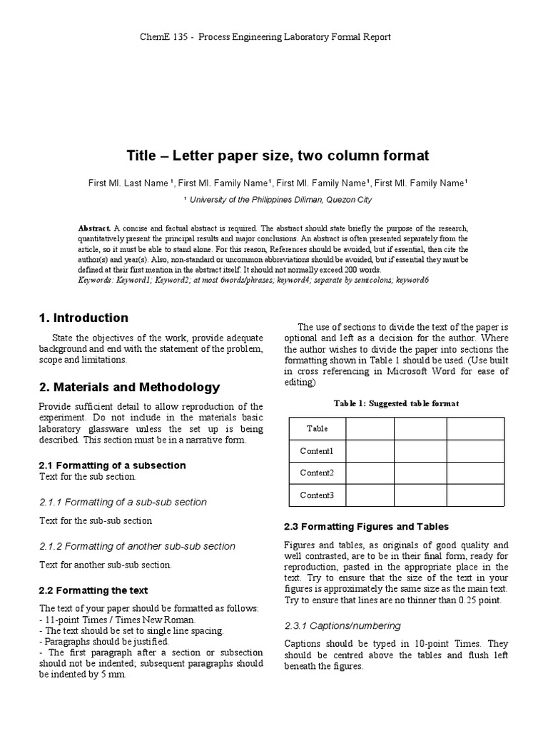 ChemE 135 Formal Report Template | PDF | Paragraph | Science