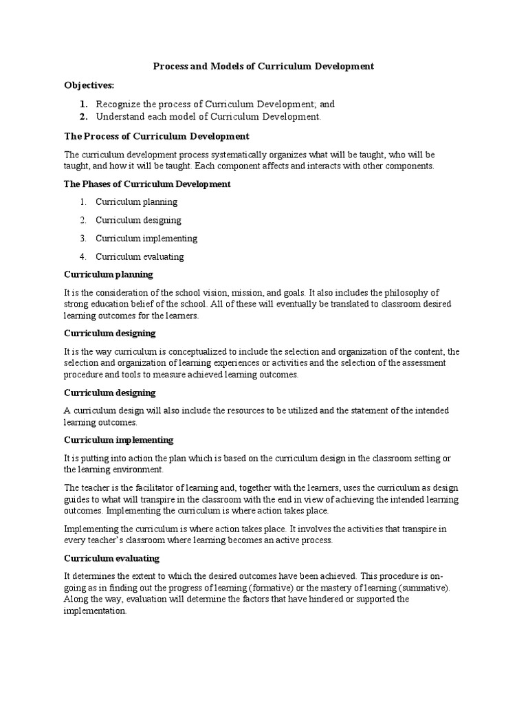 Process and Models of Curriculum Development | PDF | Curriculum | Learning