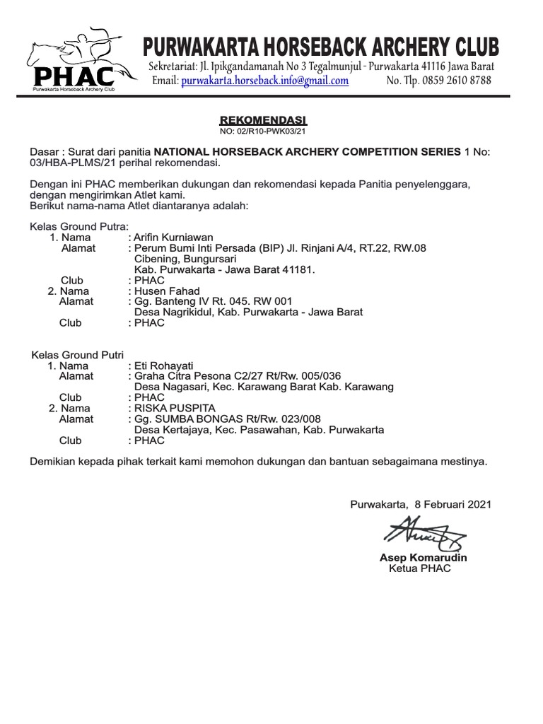 Surat Rekomendasi Atlet | PDF