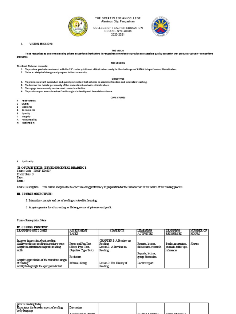 P. Ed. 607 - DEVELOPMENTAL READING 1 | PDF | Reading Comprehension ...