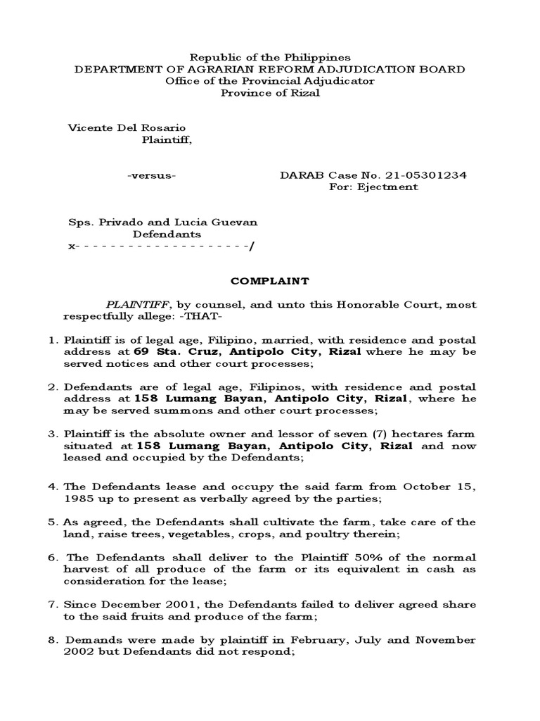 Complaint For Ejectment Against An Agricultural Tenant or Lessee | PDF ...