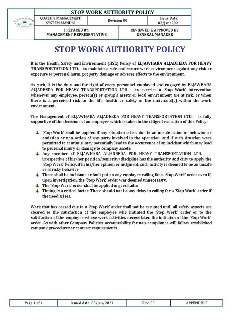 STOP WORK AUTHORITY POLICY in Saudi Arabia | PDF | Risk | Safety
