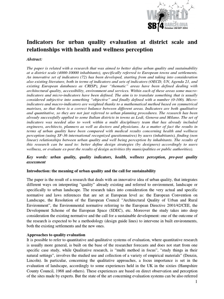 Indicators For Urban Quality Evaluation at District Scale and | PDF ...