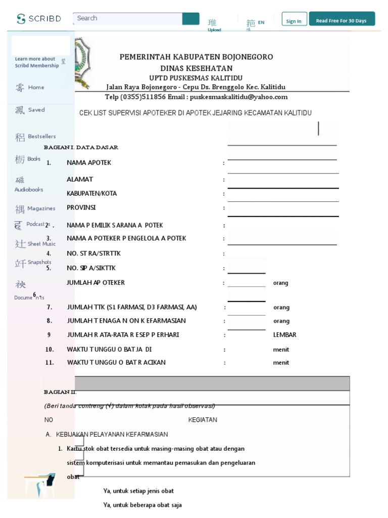 PDF Cek List Supervisi Apoteker Di Apotek Jejaringxls | PDF