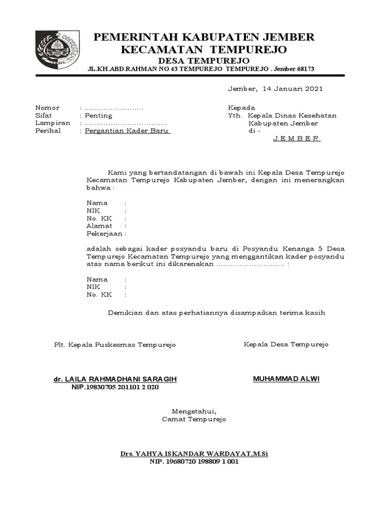 Surat Pergantian Kader (TTD Camat) | PDF