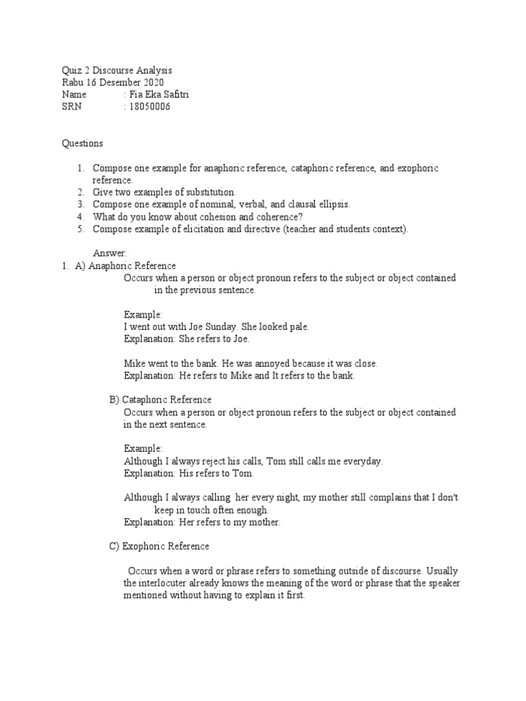 Discourse Analysis Quiz Overview | PDF | Ellipsis | Teachers
