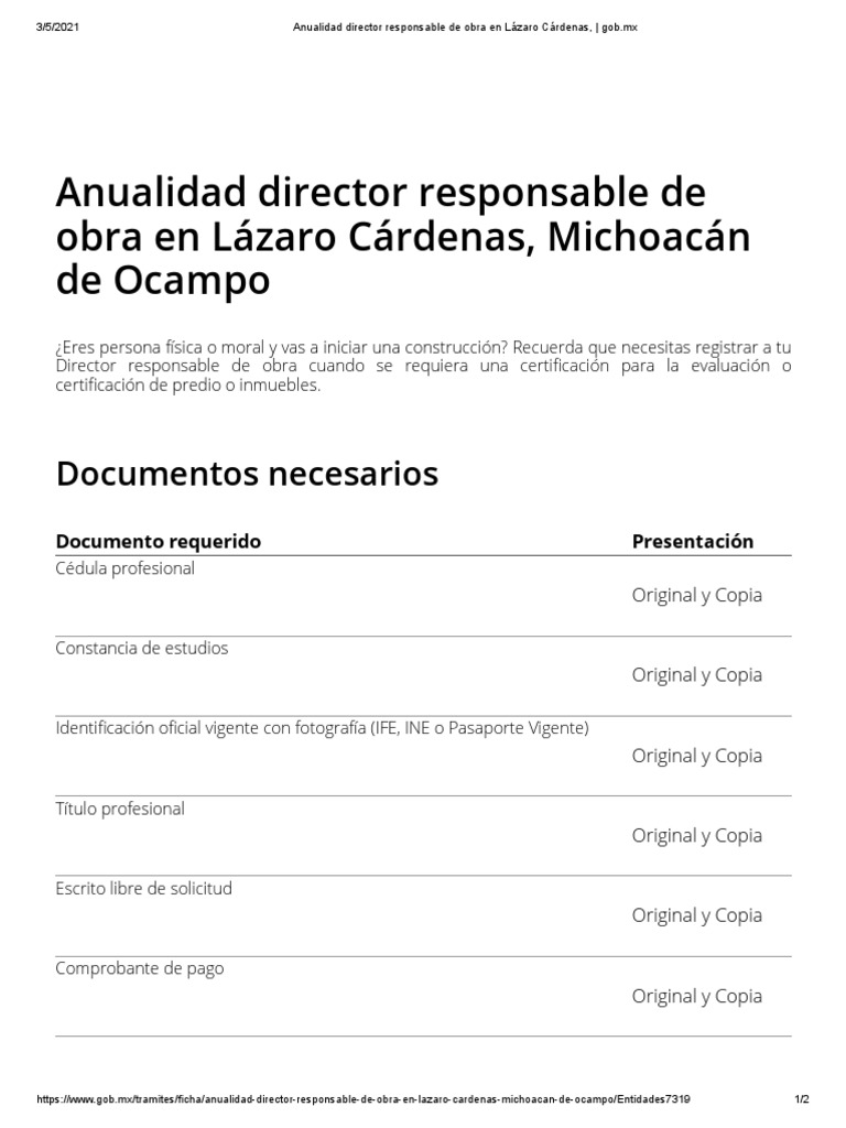 Anualidad Director Responsable de Obra en Lázaro Cárdenas, - Gob - MX ...