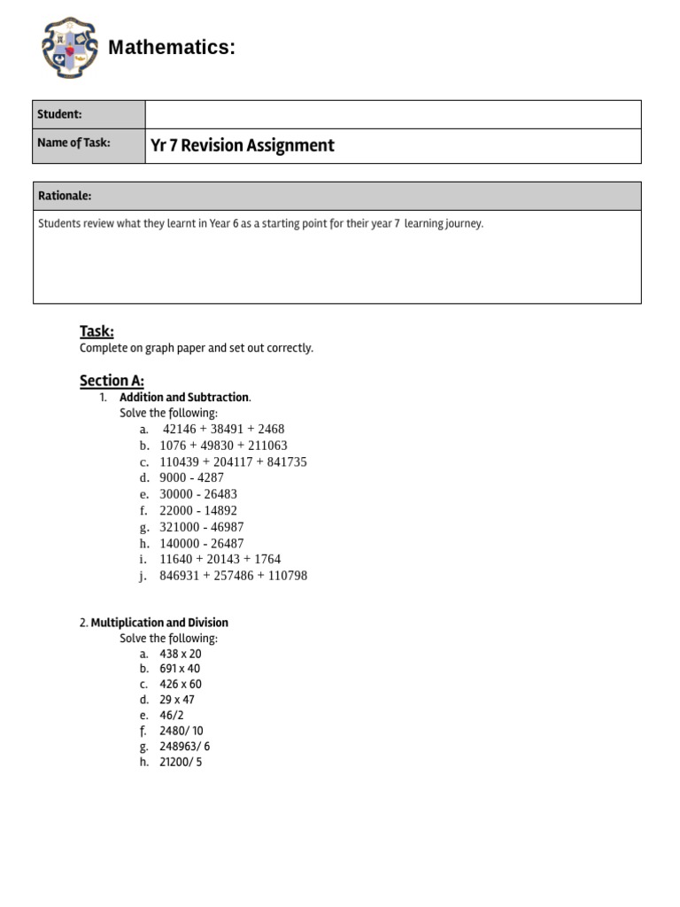 Year 7 Revision Assignment | PDF | Area | Length
