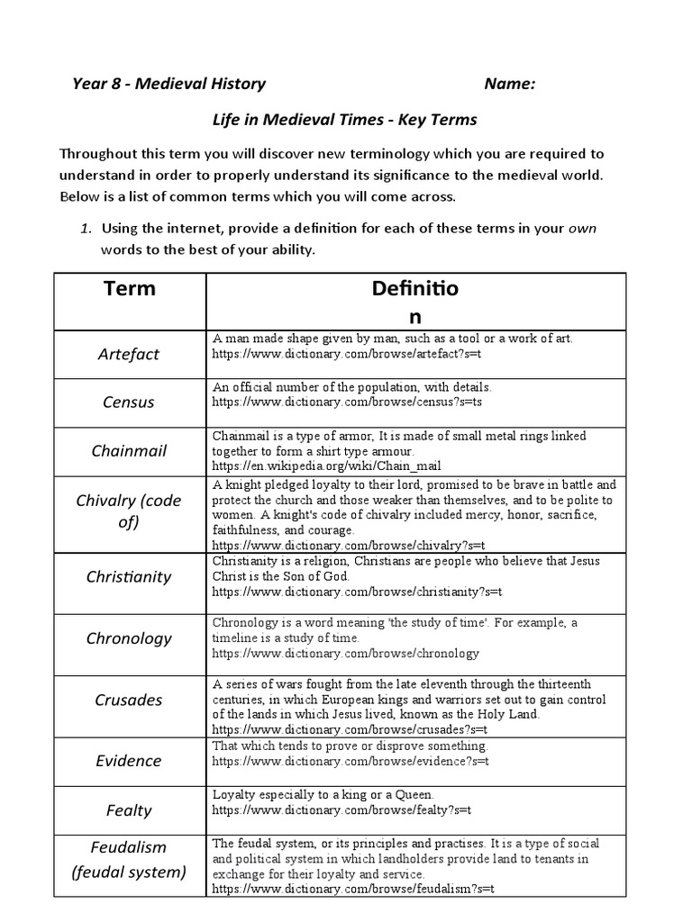 Life in Medieval Times Key Terms | PDF | Feudalism | Knight