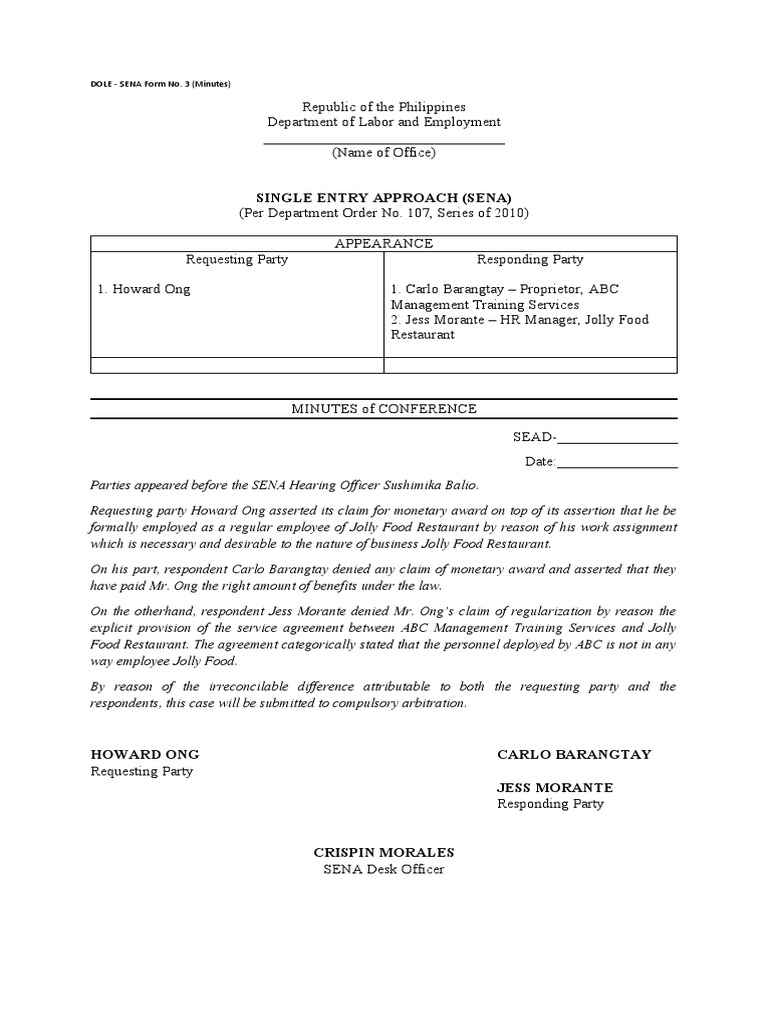 Single Entry Approach (Sena) : DOLE - SENA Form No. 3 (Minutes) | PDF ...