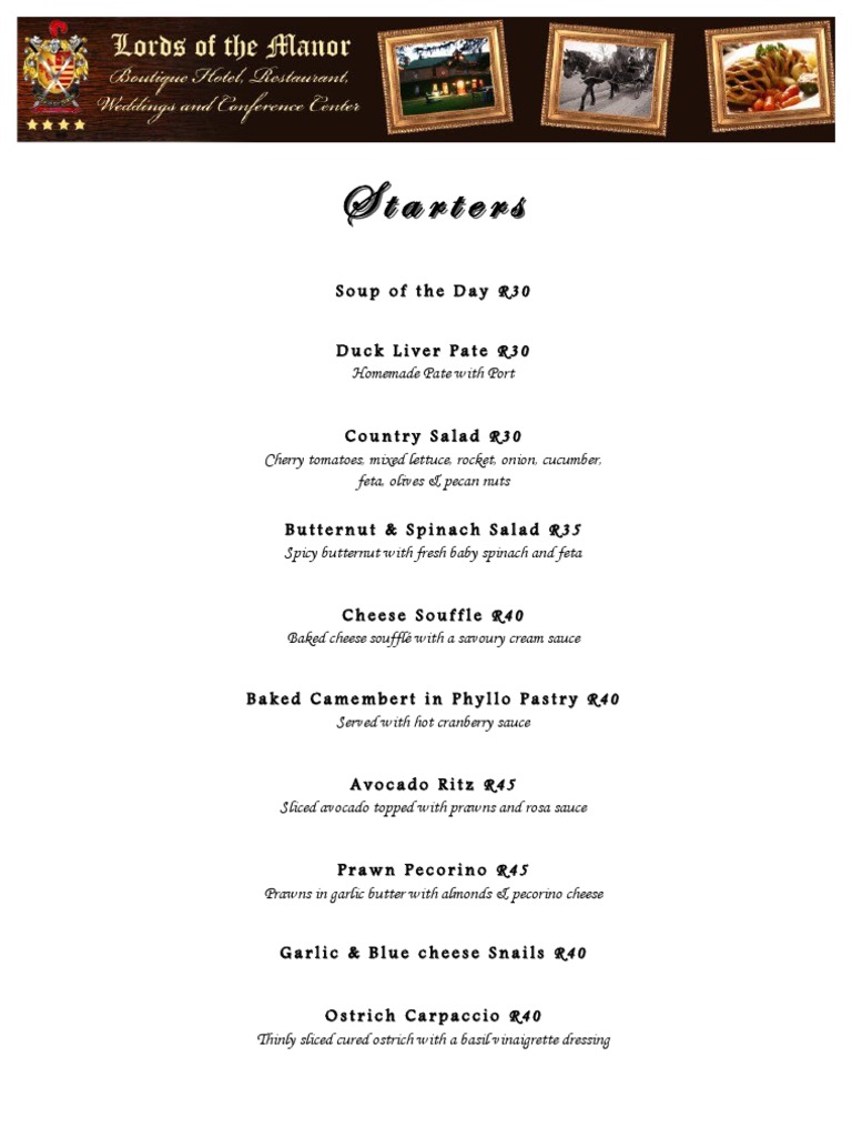 Lords of the Manor Menu Overview | PDF | Desserts | Salad