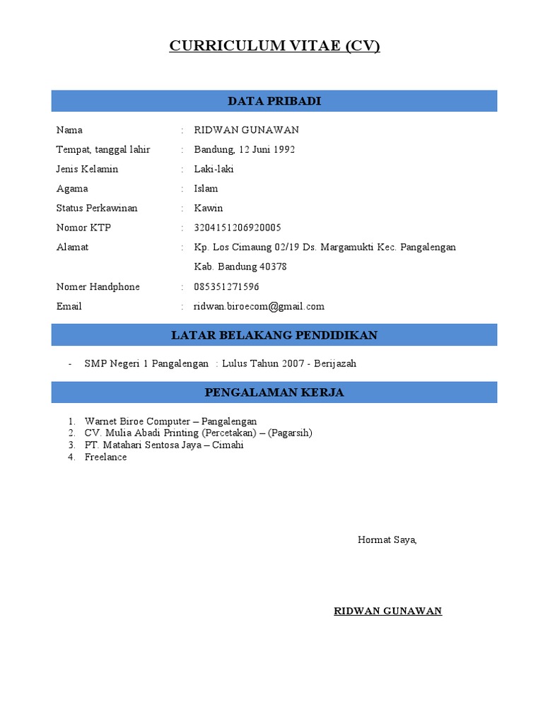 Contoh Curriculum Vitae Terbaru 2025 | PDF