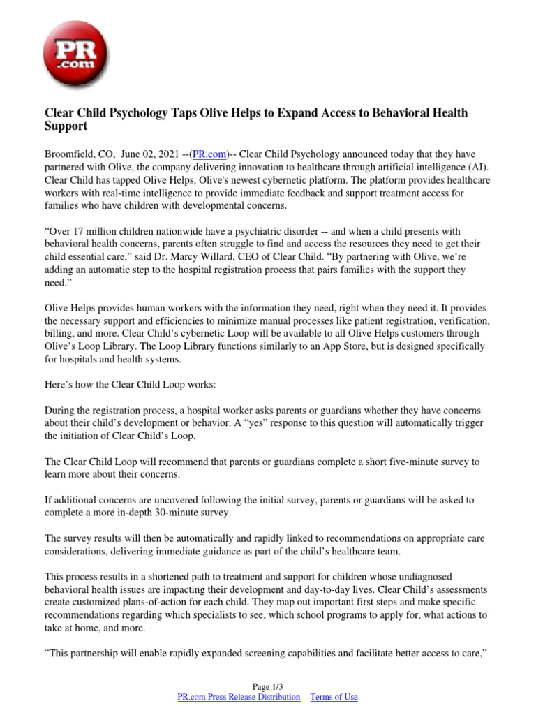 Clear Child Psychology Taps Olive Helps To Expand Access To Behavioral ...