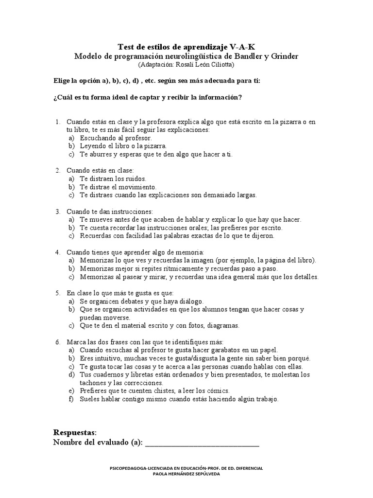Test Vak-Resumido (Recomendado) | PDF | Aprendizaje | Cognición