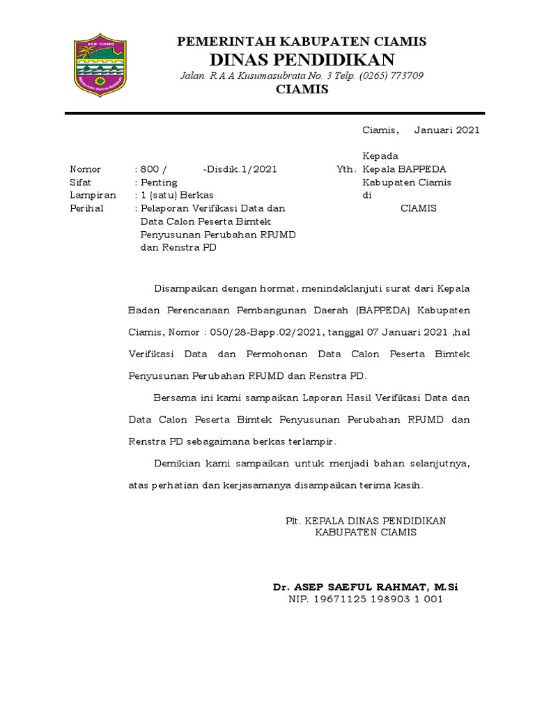 Surat Pengantar BAPPEDA VERIFIKASI DATA DAN DATA PESERTA BIMTEK | PDF
