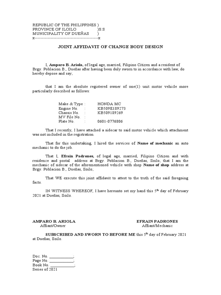 Joint Affidavit for Vehicle Modification | PDF
