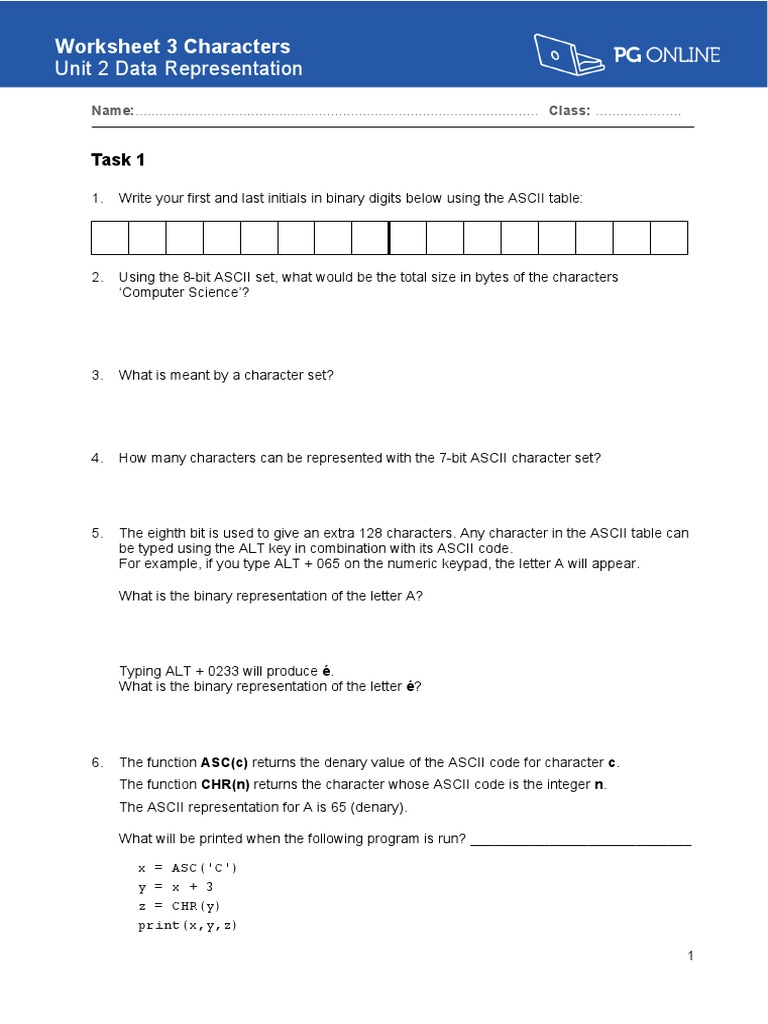 Unit 2 Data Representation Worksheet 3 Characters Pdf Ascii Integer Computer Science