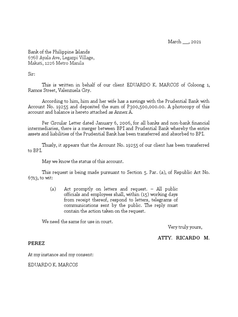 Letter To Bpi Marcos | PDF | Business | Law