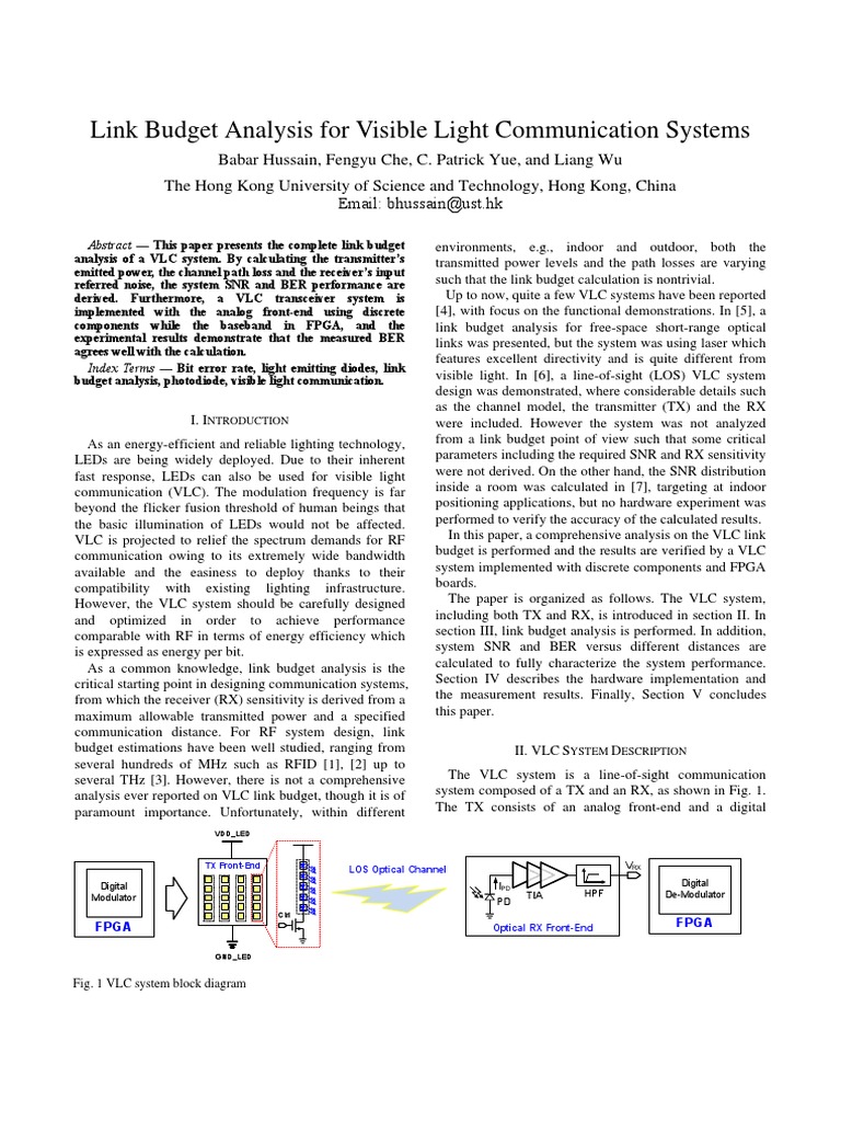 Link Budget Analysis For Visible Light Communication Systems | PDF ...