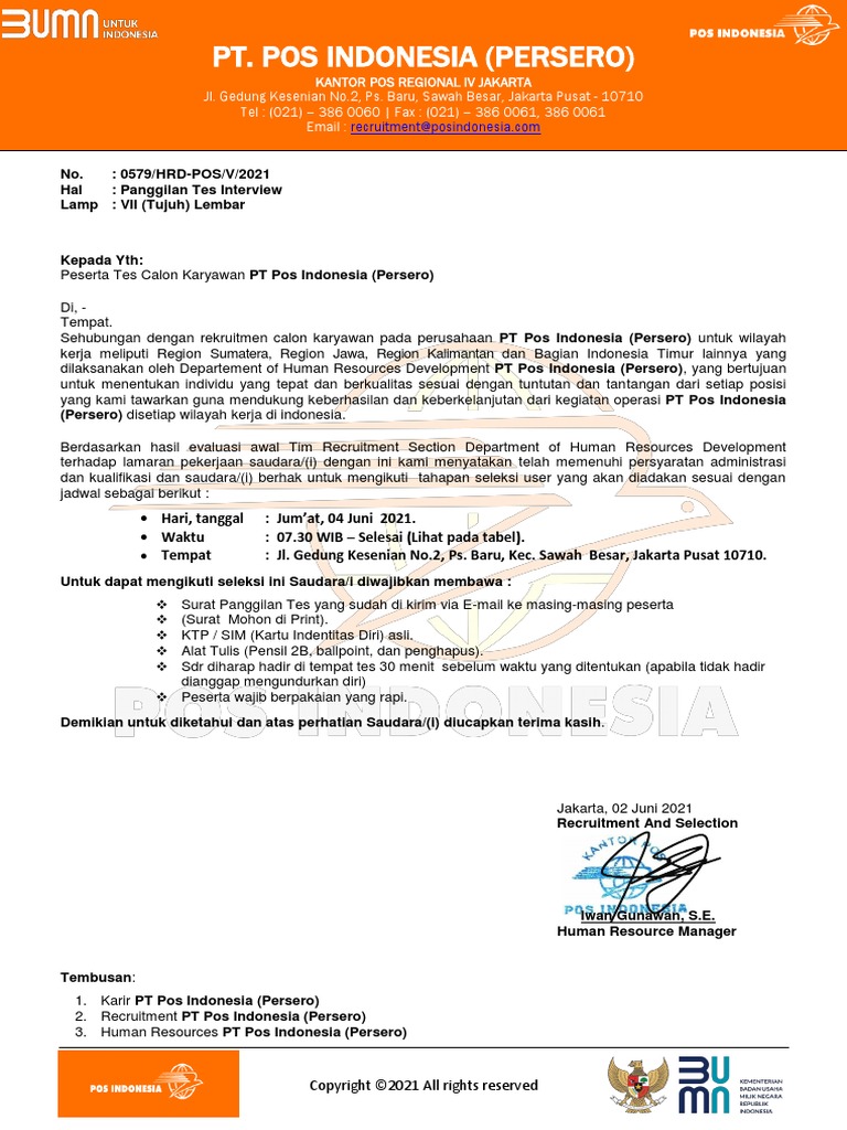 Undangan Interview Calon Karyawan PT Pos Indonesia (Persero) - 2021 | PDF