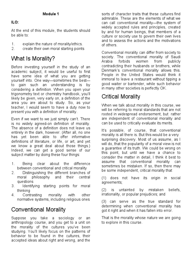 Module 1 MORALITY | PDF | Morality | Social Institutions