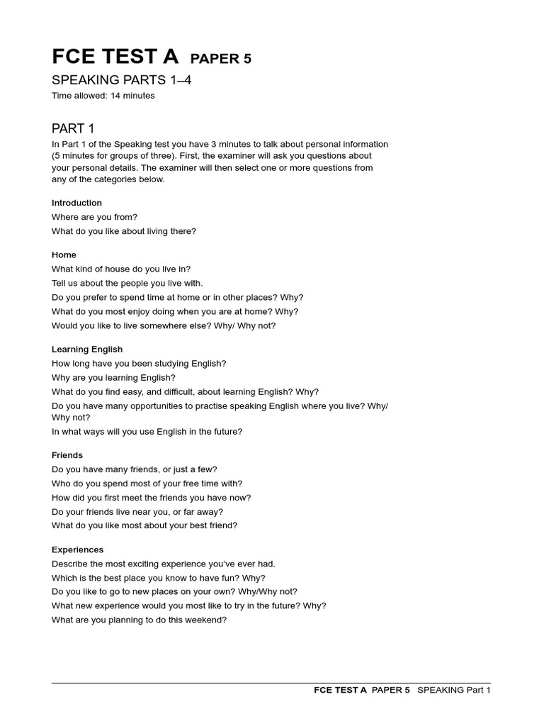 Fce Speaking Test A | PDF | Cognition