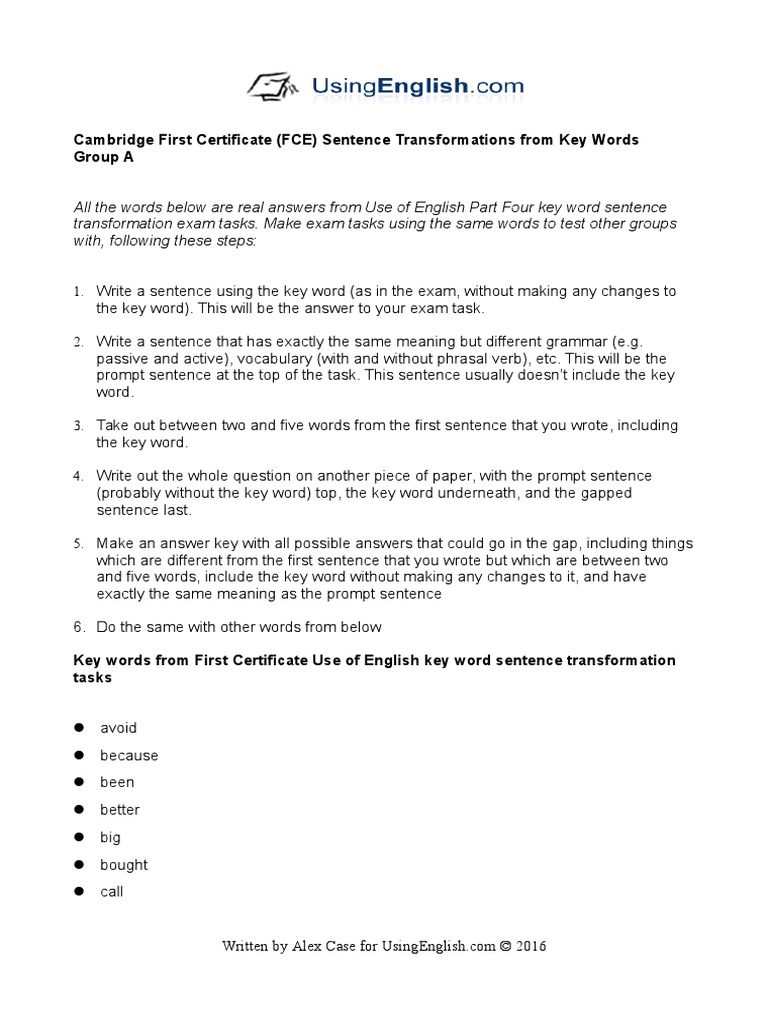 Cambridge First Certificate Fce Use Of English Sentence Transformations