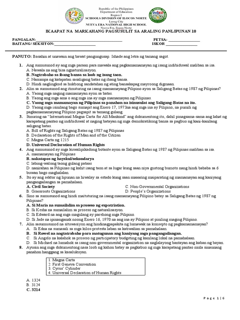 AP 10 4th Quarter Exam 2020 Autorecovered | PDF