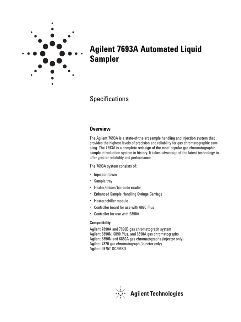 Agilent 7693A GC Automatic Liquid Sampler Specifications | PDF ...
