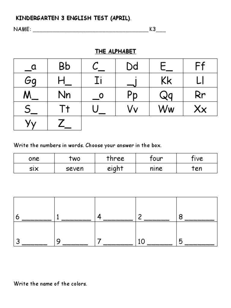 Kindergarten 3 English Test (April) | PDF