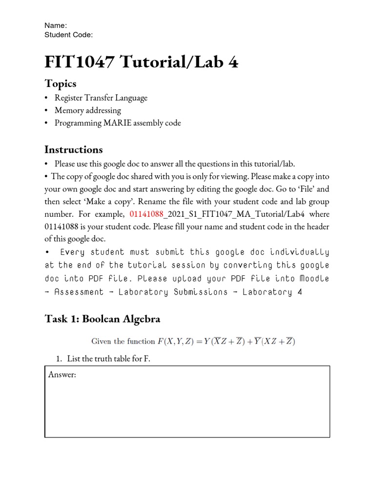 StudentCode 2021 S1 FIT1047 MA Tutorial Lab4 | PDF