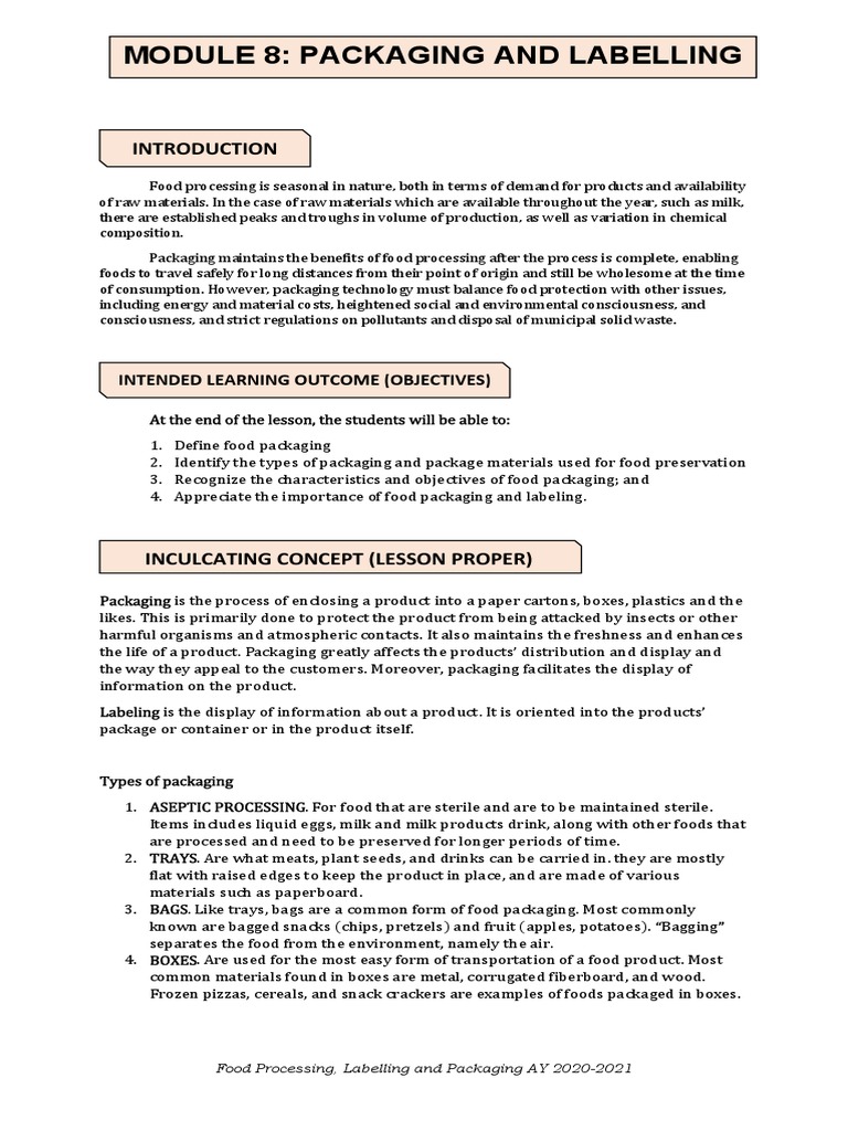 Module 8: Packaging and Labelling: Intended Learning Outcome ...