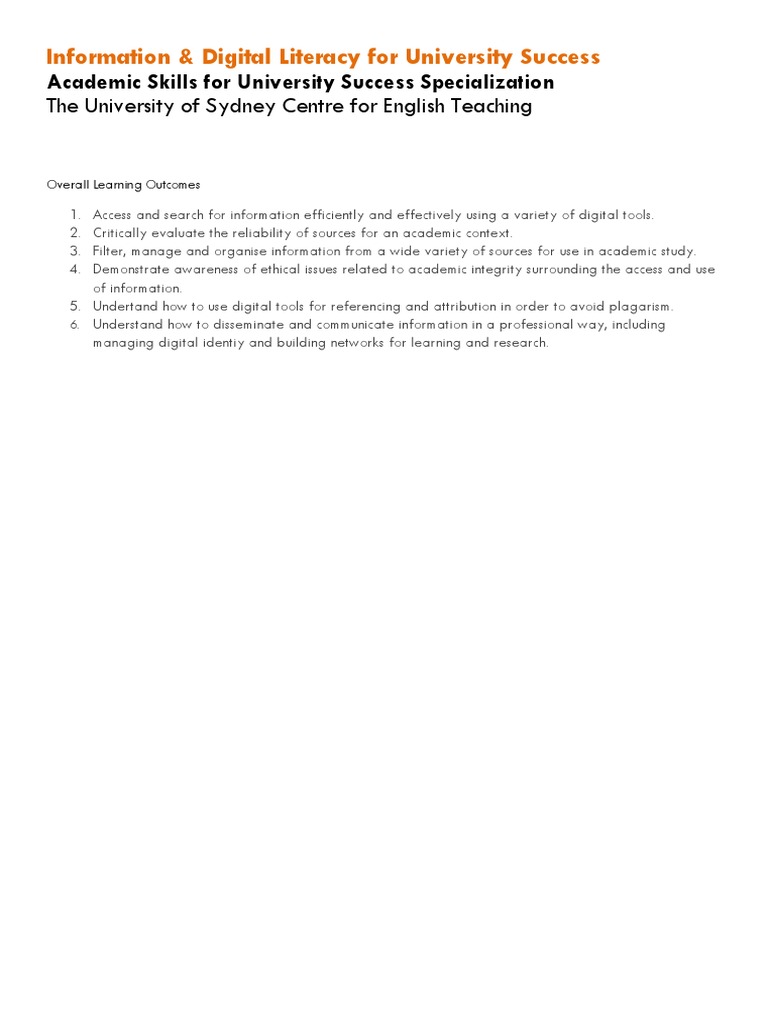 Information & Digital Literacy For University Success: The University ...