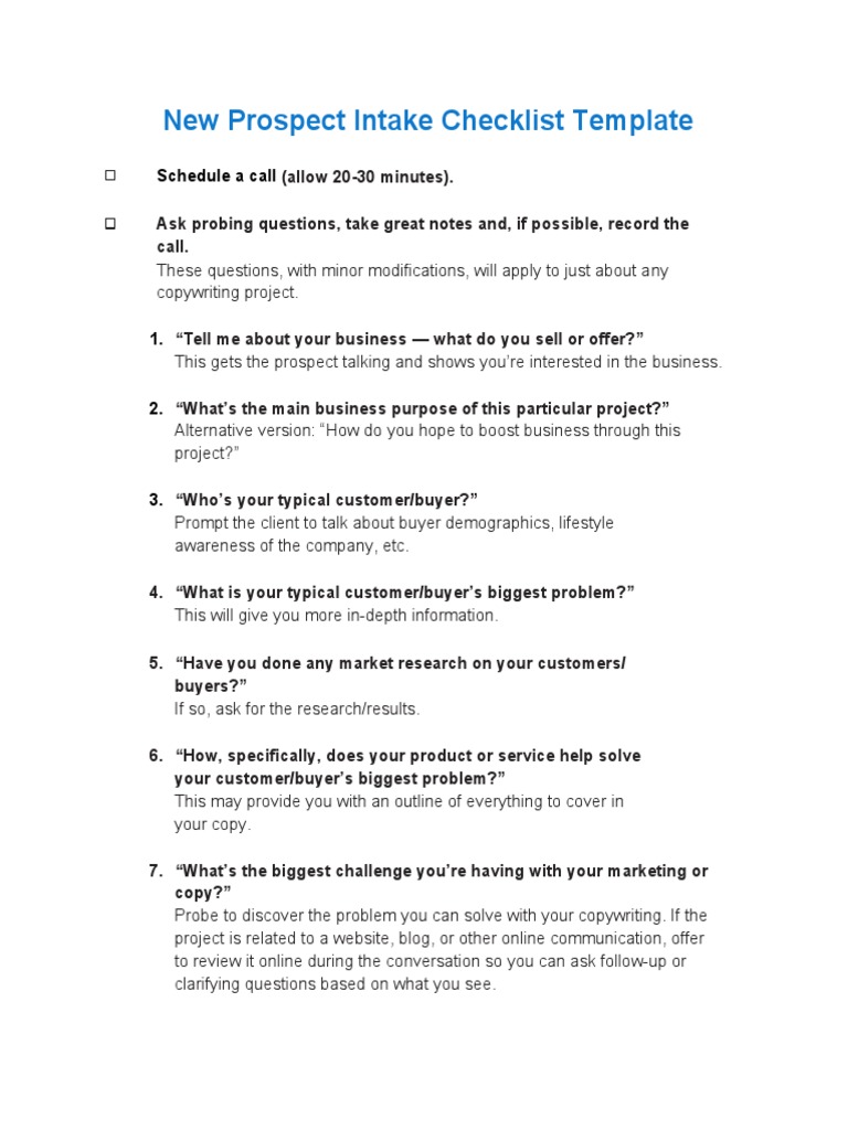 New Prospect Intake Checklist Template: Schedule A Call | PDF | Mass ...