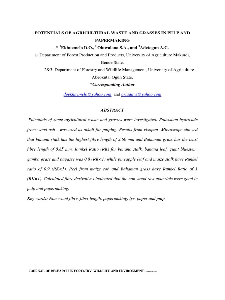 Agricultural Wastes and Grasses in Paper Making | PDF | Pulp (Paper ...