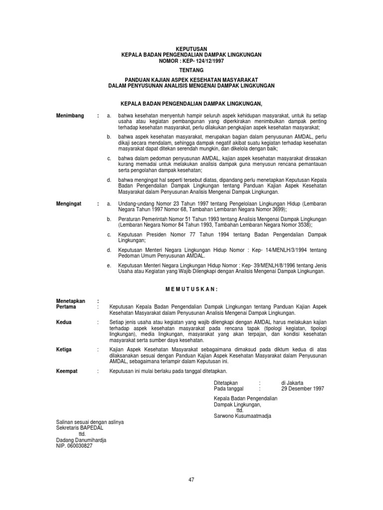 B Kepkabapedal 124 1997 Aspek Kesehatan Masyarakat Dalam Amdal | PDF | Sains & Matematika