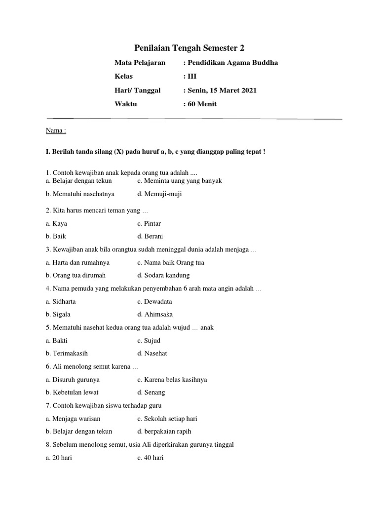 Penilaian Tengah Semester 2 Kelas 3 | PDF