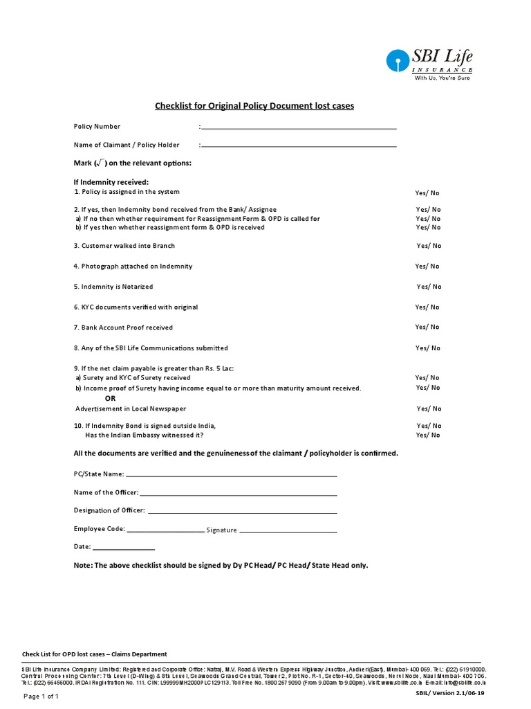 Checklist For Original Policy Document Lost Revised 17062019 | PDF ...