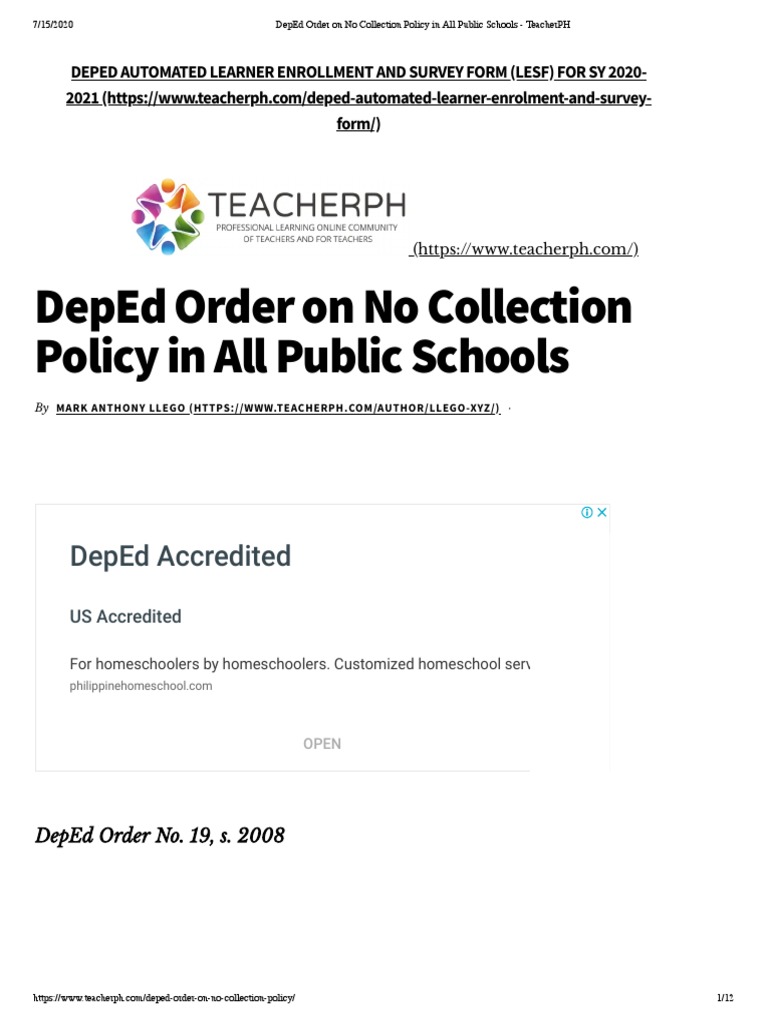 DepEd Order On No Collection Policy in All Public Schools - TeacherPH ...