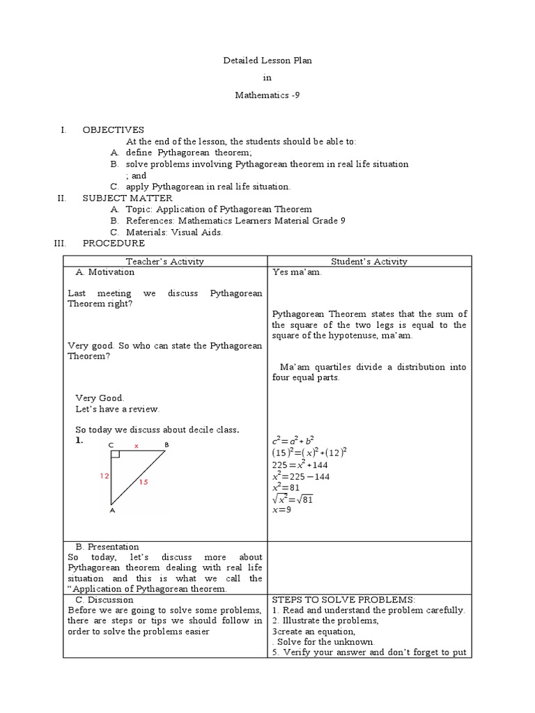 Lesson Plan in Application of Pythagorean Theorem | PDF | Lesson Plan ...
