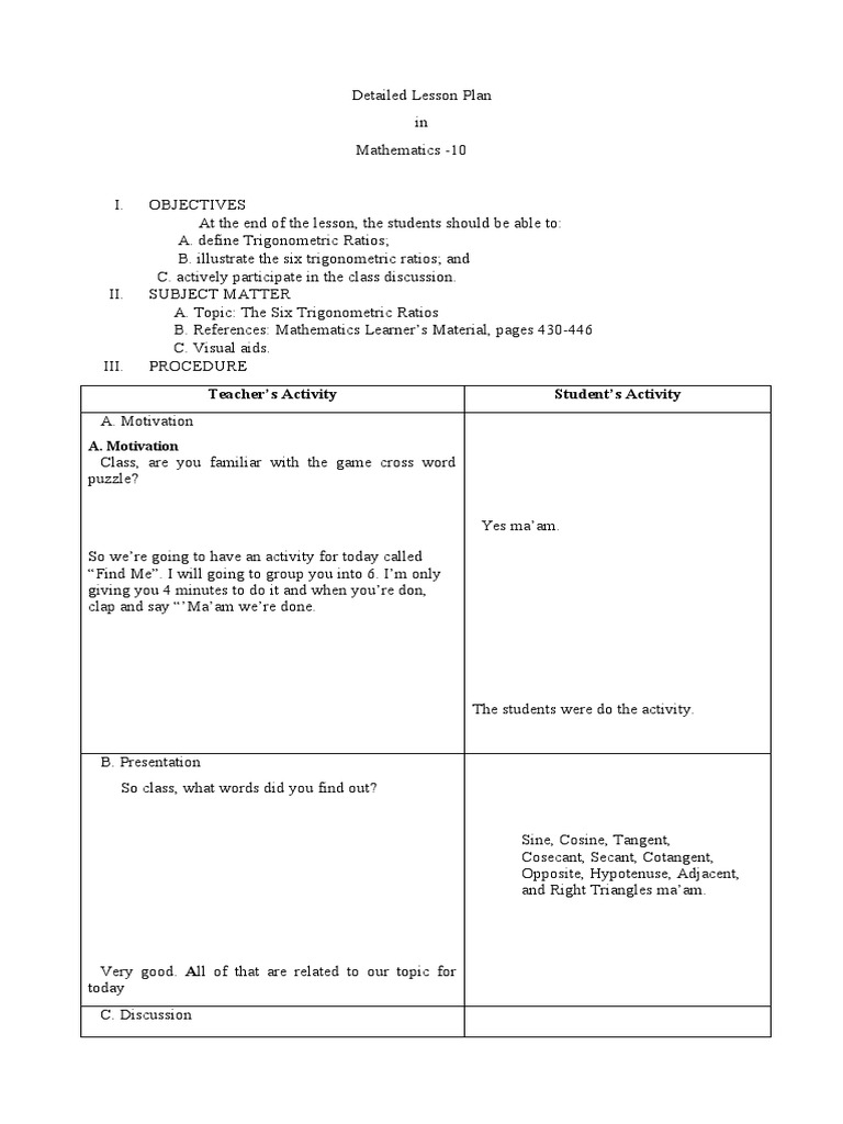 10.lesson Plan in Trigonometric Ratios | PDF | Trigonometric Functions ...