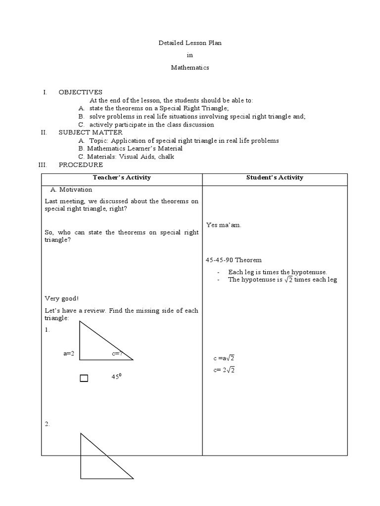 Special Right Triangle Lesson Plan | PDF | Lesson Plan | Triangle