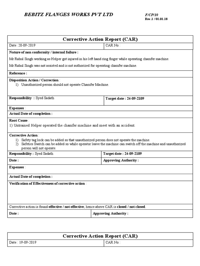 Corrective Action Report (CAR) : Bebitz Flanges Works PVT LTD | PDF ...