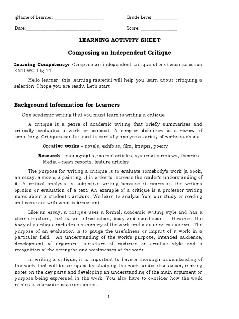 AprilLovejoyRilloLAS in Composing An Independent Critique of | PDF ...