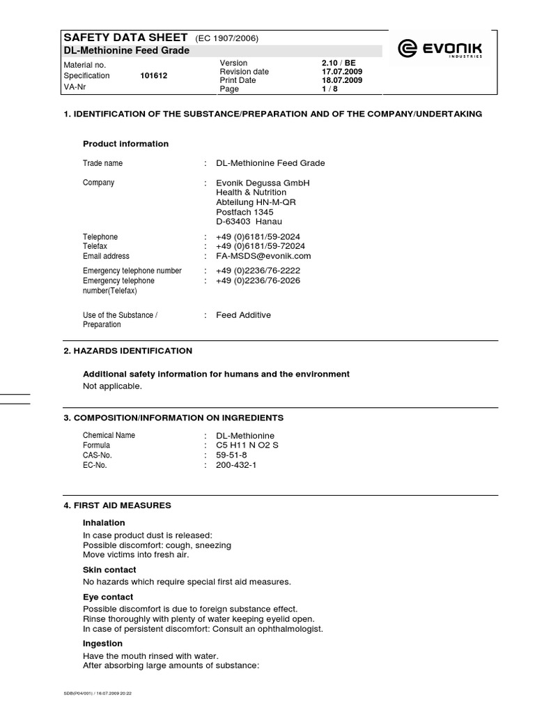 SDS09 0717 MetAMINO® DL-Methionine Feed Grade 99pct. Evonik Degussa ...