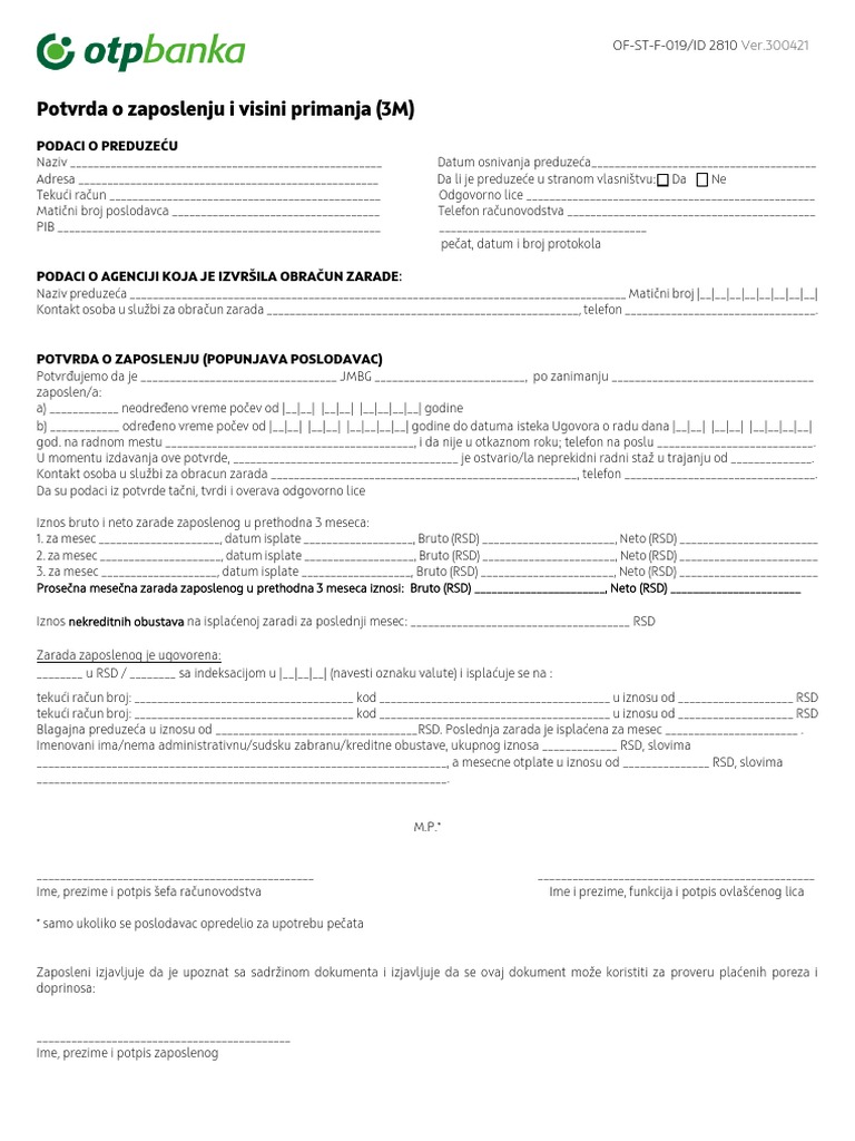 Of ST F 019 Id2810 Potvrda o Zaposlenju I Visini Primanja 3m Edit | PDF