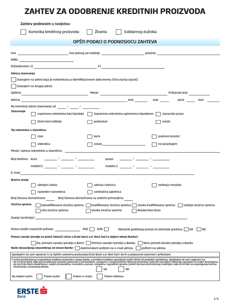 Zahtev Za Odobrenje Kreditnih Proizvoda | PDF
